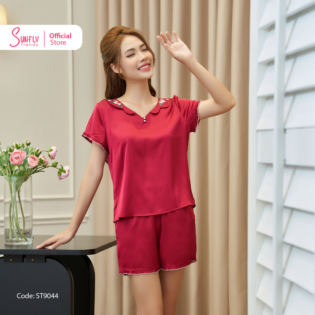 Đồ Bộ Mặc Nhà Nữ Lụa SUNFLY Áo Cộc Quần Sooc ST9044 | Shopee Việt Nam