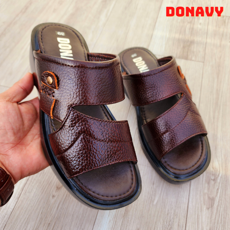 Dép quai ngang nam da bò thật 100% DONAVYTOMY, có lỗ thoáng khí hợp với tuổi trung niên, đế cao ...