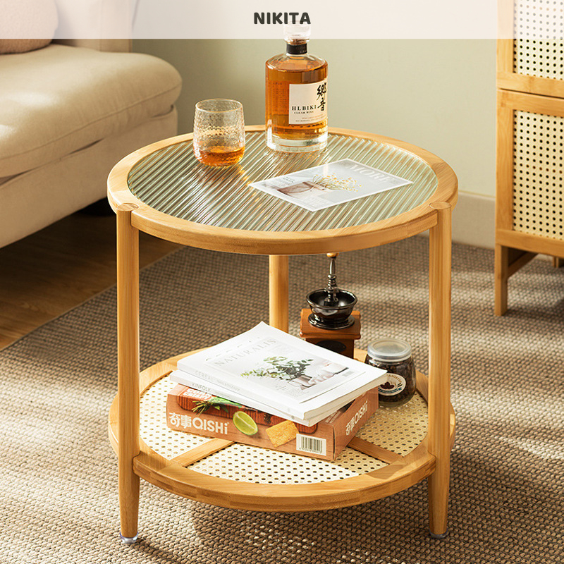 Bàn trà tròn 2 tầng mặt kính gỗ tre sang trọng, bàn cà phê ngồi ban ...
