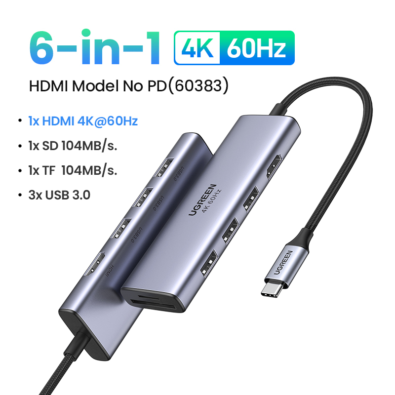 Ugreen 60383 4K 60Hz hdmi + 3x usb3.0 + card reader bộ chuyển hub Usb Type C Multifunction ...