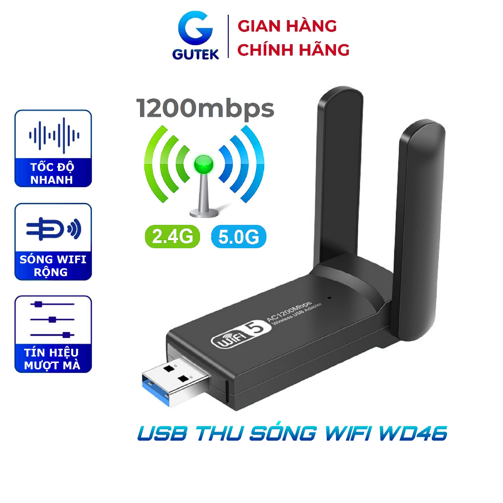 USB thu sóng wifi Gutek WD46 1200mbps 2 râu nâng WiFi lên 5G cho máy ...