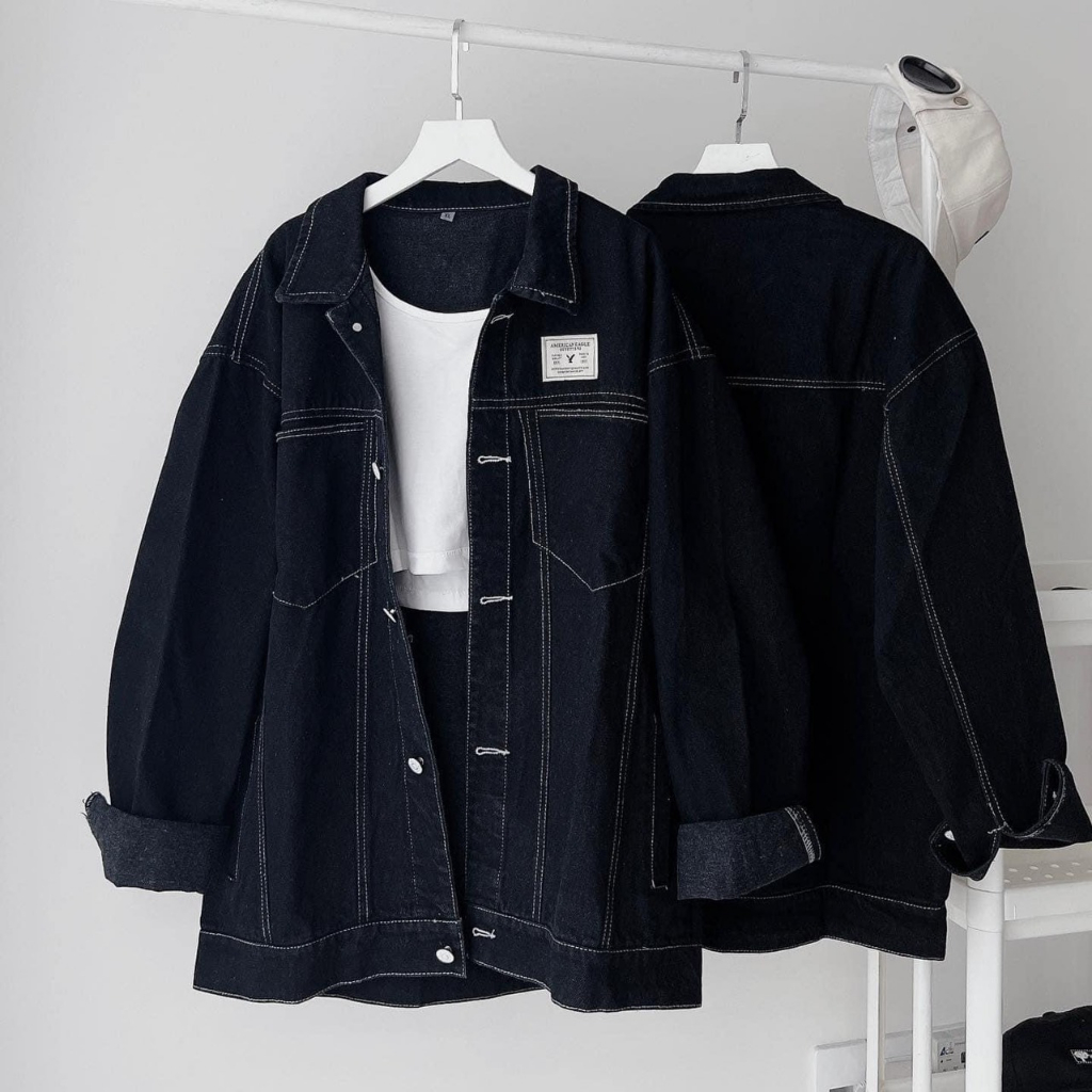 Áo khoác JEANS ĐEN BASIC có TAG form rộng khoác ngoài unisex nam nữ nút ...