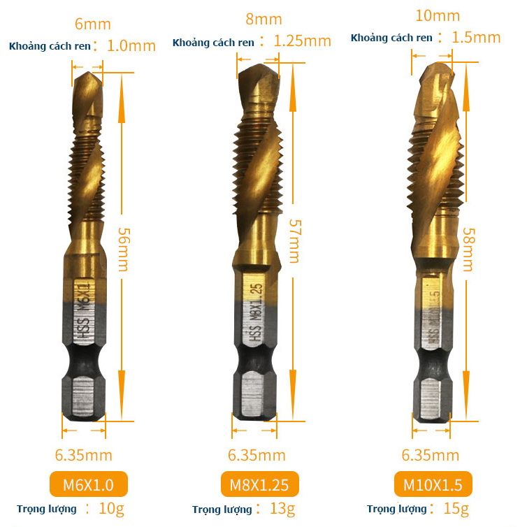Mũi khoan taro tạo ren HSS4341 từ M3 - M10 phủ Titalium, chuôi lục giác chuẩn 6.35mm | Shopee ...