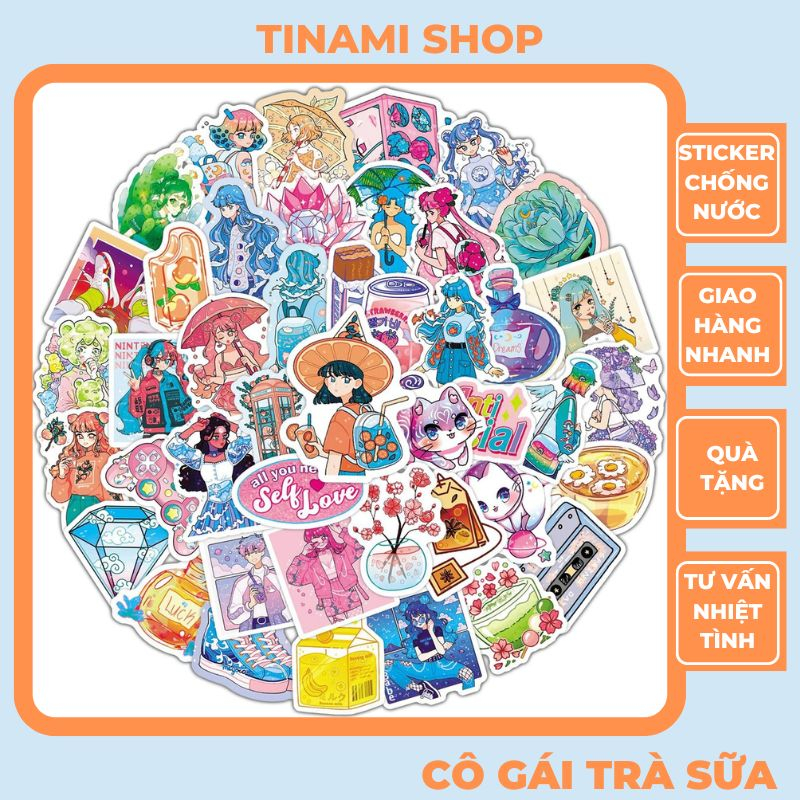 Bộ 50 Sticker cô gái trà sữa dễ thương hình dán cute chống nước dùng ...