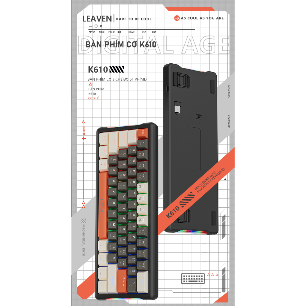 LEAVEN K610 Bàn phím cơ . Hiệu ứng ánh sáng RGB ba chế độ, không dây ...