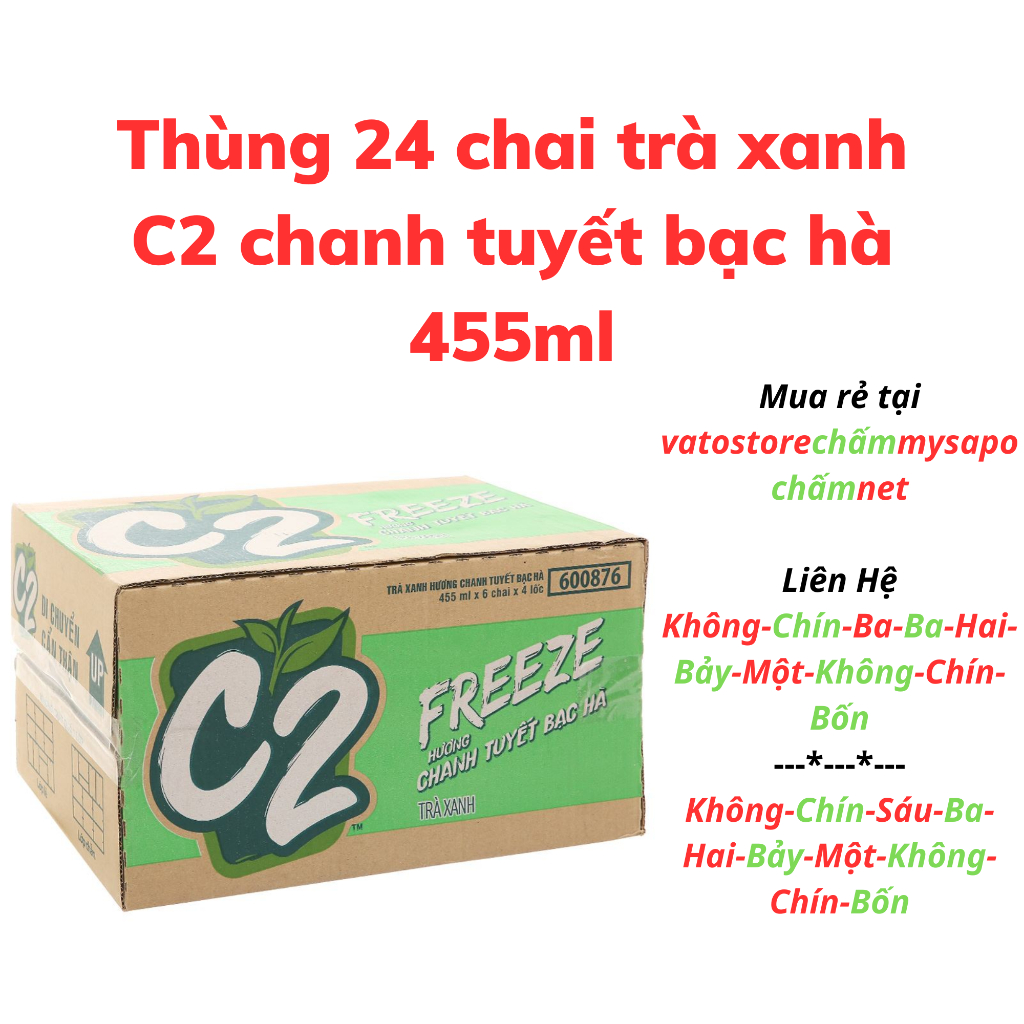 Thùng 24 chai trà xanh C2 chanh tuyết bạc hà 455ml / Lốc 6 chai trà xanh C2 chanh tuyết bạc hà ...