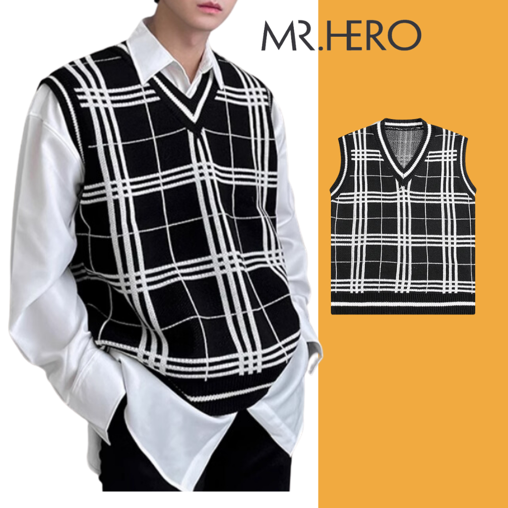 Áo len gile nam form rộng sweater caro không tay cổ tim GL02 M.RO màu ...