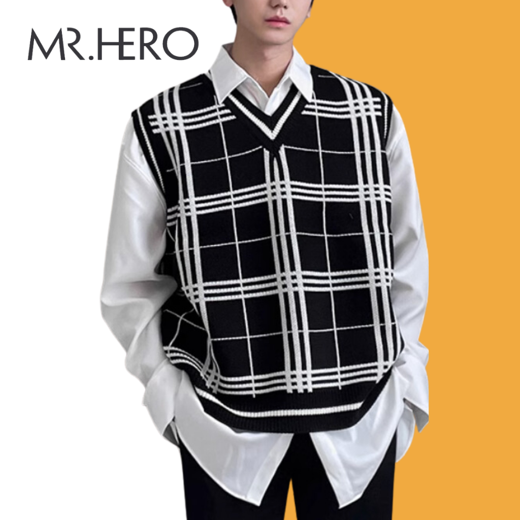 Áo len gile nam form rộng sweater caro không tay cổ tim GL02 M.RO màu ...