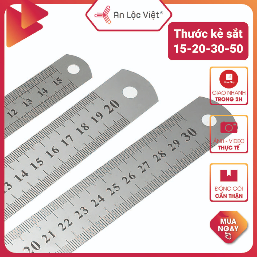 Combo 5 cây thước kẻ sắt/ thước lá thép/ thước kẻ thép cao cấp 15cm - 20cm - 30cm - 50cm ...