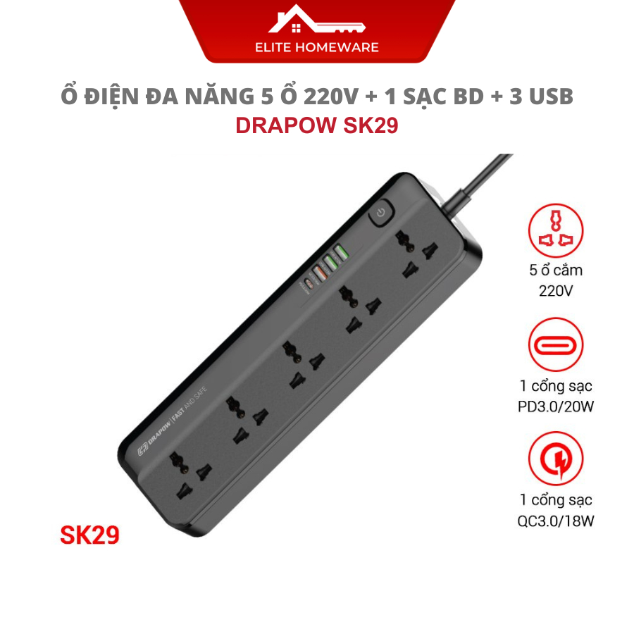Ổ điện đa năng SK29 5 ổ cắm 220v kèm 1 sạc nhanh PD và 3 cổng USB A ...