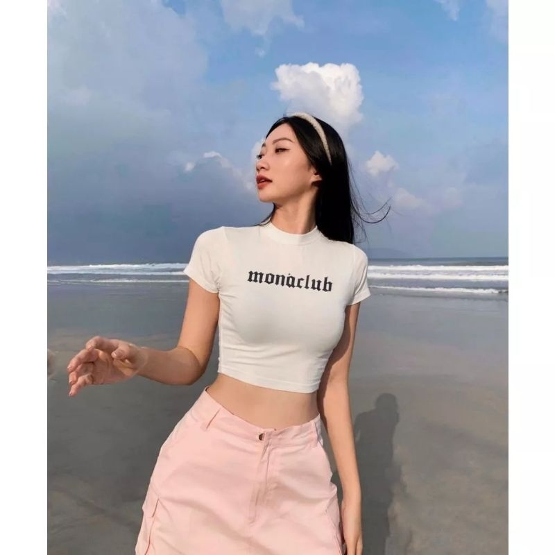 Áo crotop ôm body MAYE_OFFICAL cổ tròn tay ngắn in chữ (ảnh thật ở cuối ...
