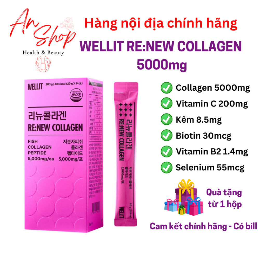 [WELLIT] Collagen Phân Tử Thấp 300Da Wellit Re:New Fish Collagen Peptide 5000mg 14 gói x 20g ...