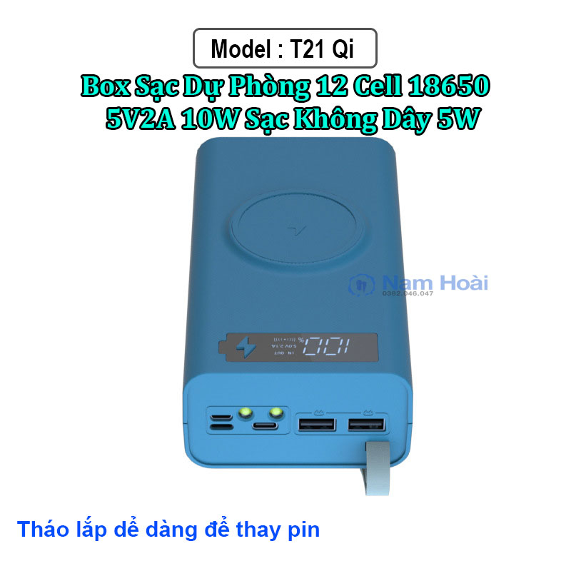 Box sạc dự phòng 12 cell pin 18650 sạc nhanh QC,PD 3.0 22.5W sạc nhanh không dây 15W (Không gồm ...