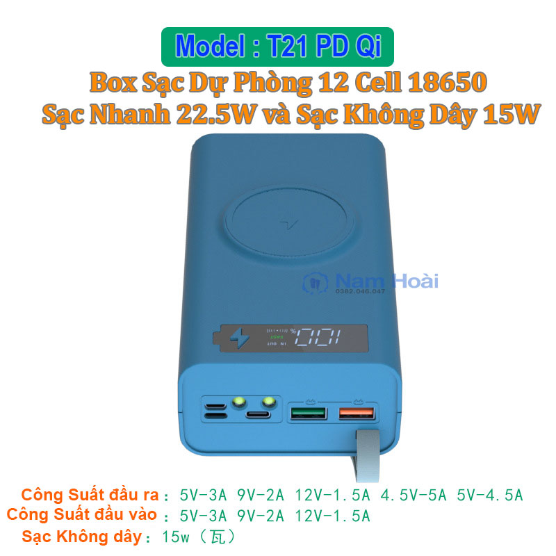 Box sạc dự phòng 12 cell pin 18650 sạc nhanh QC,PD 3.0 22.5W sạc nhanh không dây 15W (Không gồm ...