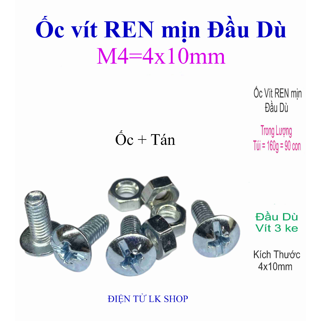 Ốc vít đầu Dù M4 REN mịn 4mm dài 1cm túi 160gam khoảng 90 con kèm tán ...