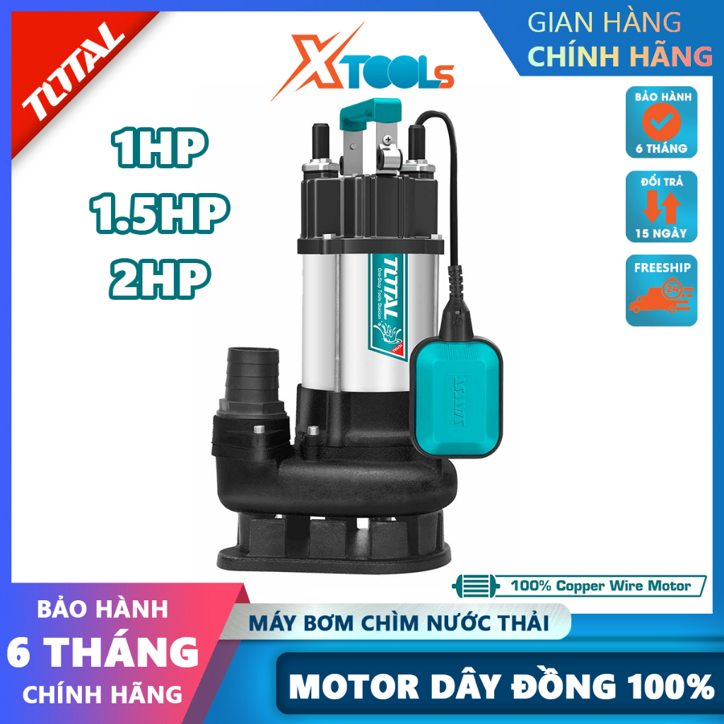 Máy bơm chìm chất thải TOTAL TWP775016 Máy bơm chìm nước thải 750W(1.0HP) Lưu lượng chảy 21M3/H ...