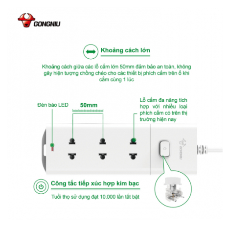 Ổ cắm 3 lỗ 1 công tắc dây 3M Gongniu GNVN-V1030-30 / Ổ cắm 3 lỗ 1 công tắc dây 5M Gongniu GNVN ...