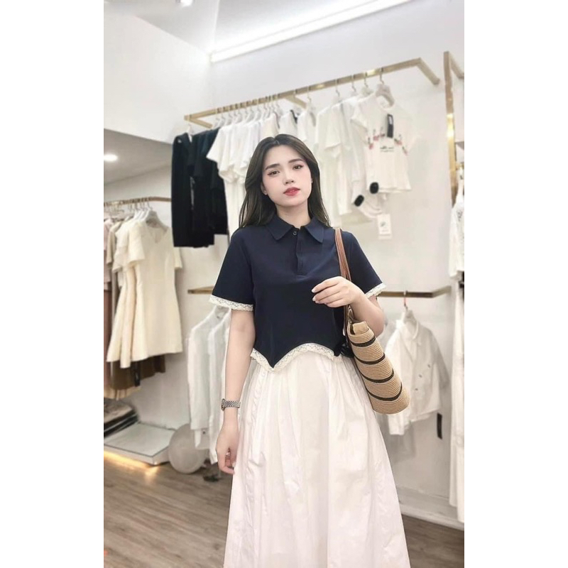 Set nữ áo polo chân ren dáng croptop mix chân váy trắng xếp li 2 lớp ...