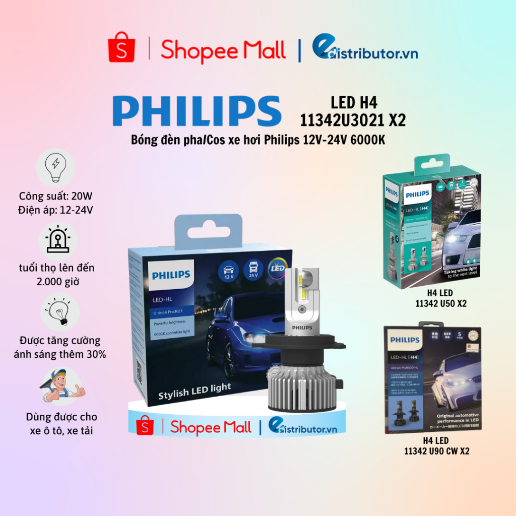 Hộp 2 bóng đèn xe hơi, ô tô Philips LED H4 11342 Pro3021X2/11342 U50X2 ...