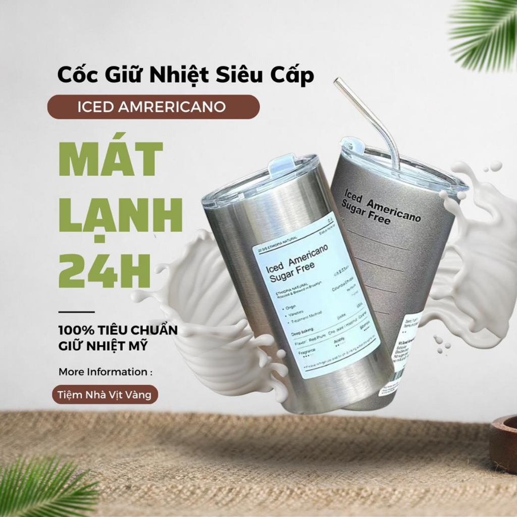 Ly giữ nhiệt 600ml Iced Americano tặng kèm ống hút, Inox 304 Cao Cấp Có Ống Hút Siêu Tiện Lợi ...
