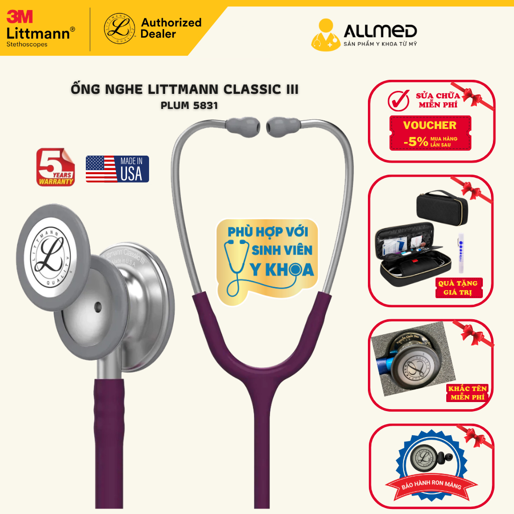 Ống nghe Littmann Classic III ™ màu tím Plum 5831 chính hãng 3M Mỹ ...