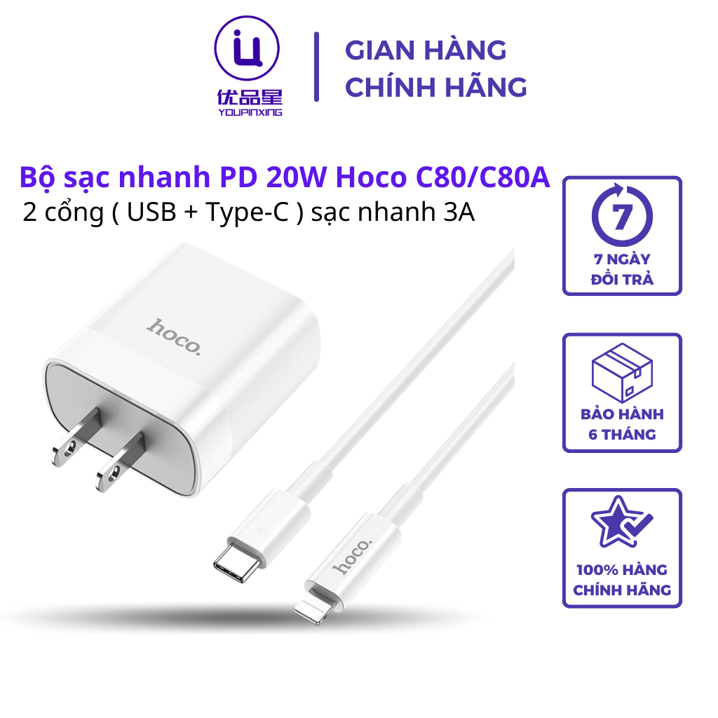 Bộ sạc nhanh Hoco C80/C80A cho các dòng máy, 2 cổng sạc USB và Type-C, chuẩn PD3.0, sạc nhanh 3A ...