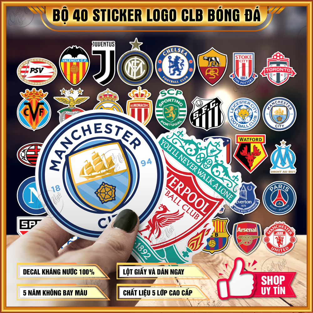 Combo 40 sticker logo CLB BÓNG ĐÁ nổi tiếng Manchester United Real ...