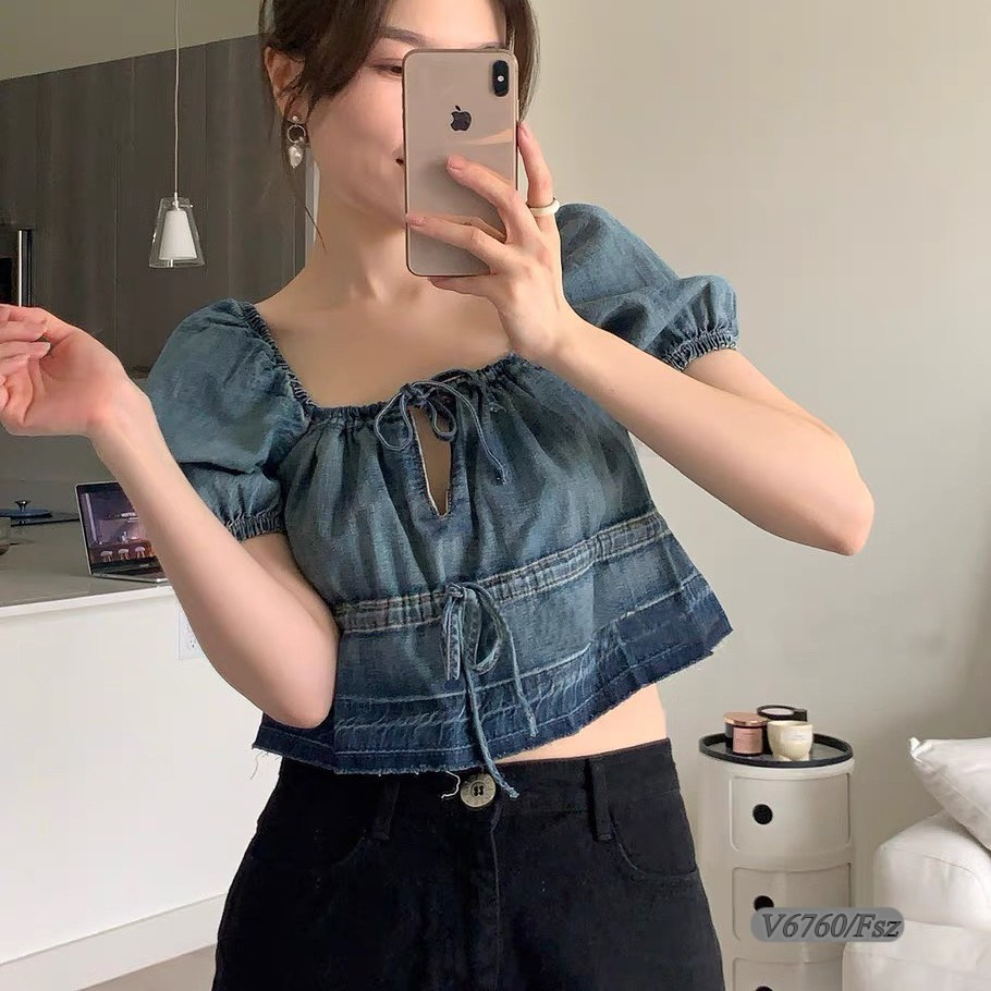 Áo jeans 2 dây nữ tay ngắn phồng cổ vuông phối lai tua rua xinh xắn ...