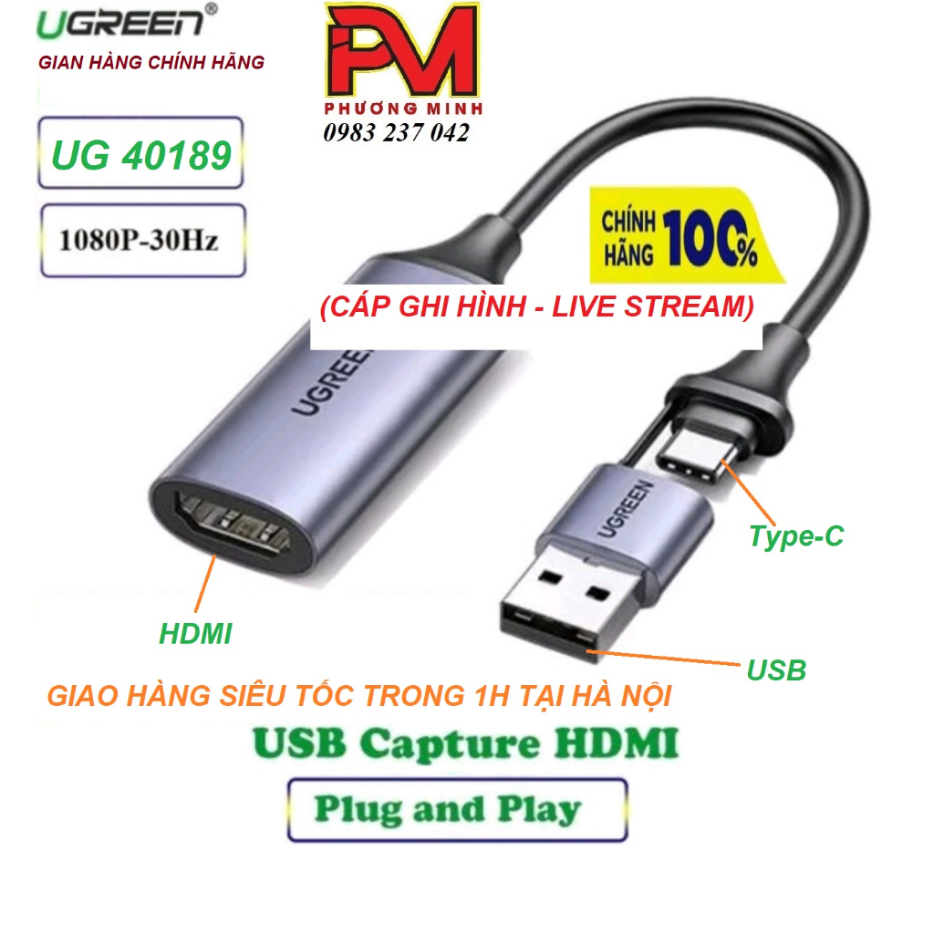 Cáp chuyển USB + USB-C sang HDMI (âm) dùng ghi hình, Livestream Capture CAO CẤP Ugreen 40189 ...