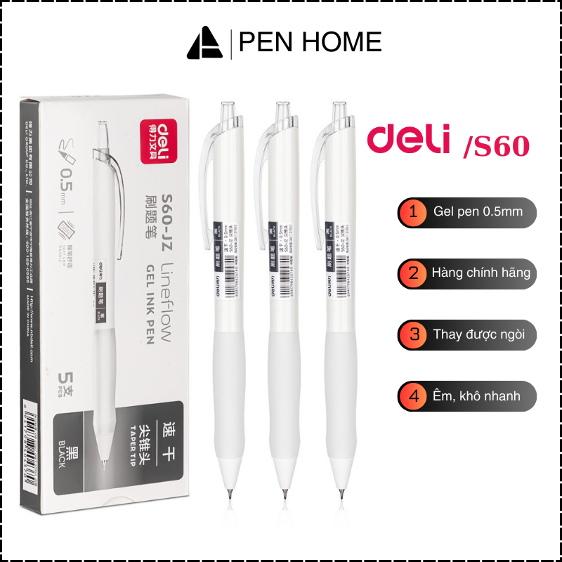 Bút gel Deli thiết kế trắng sang trọng ngòi 0,5mm mực đen bấm khô nhanh ...