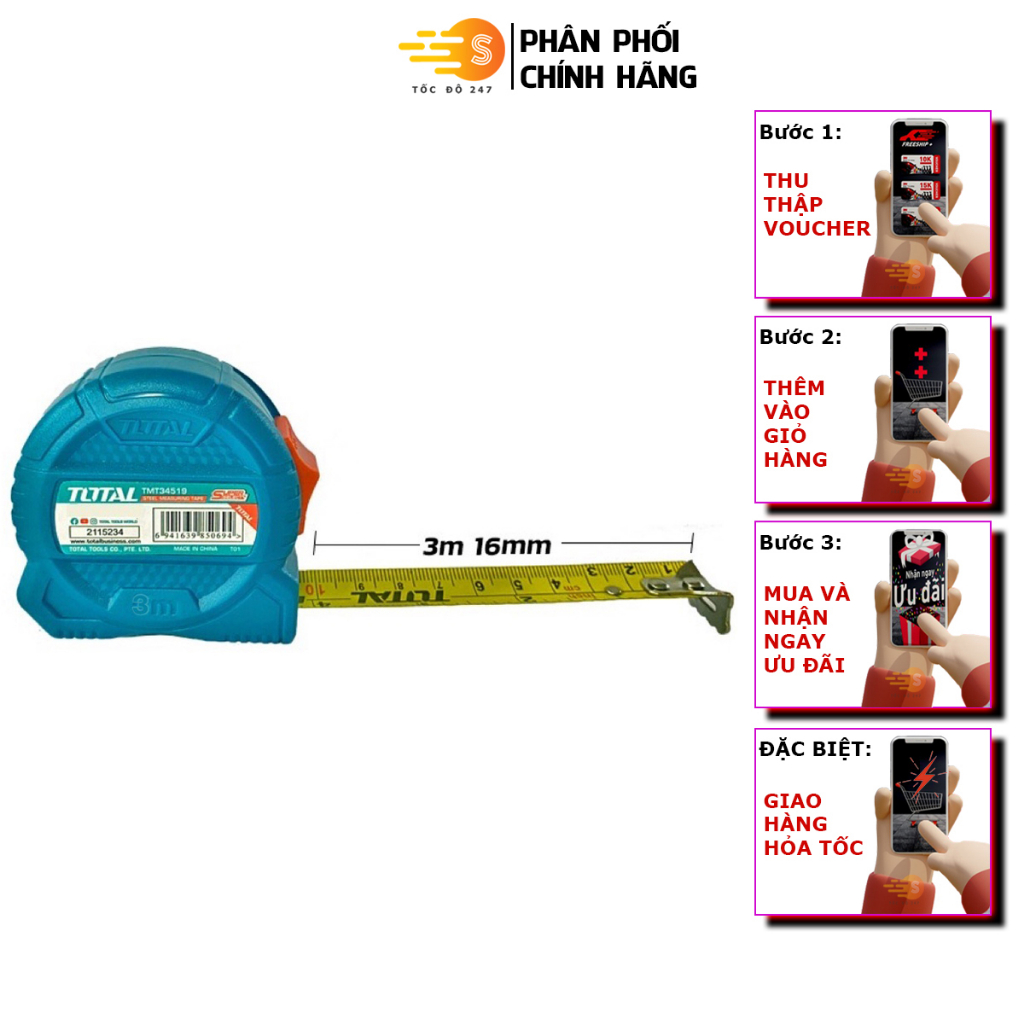 Thước cuộn thép nền vàng dài 3m-8m TOTAL - TMT34316, TMT34519, TMT34825, nhựa ABS cao cấp, đơn ...