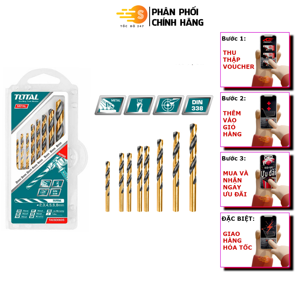 Bộ mũi khoan kim loại HSS 8 chi tiết size 2-8mm TOTAL TACSD0801 - Khoan tốt sắt, thép, độ cứng ...