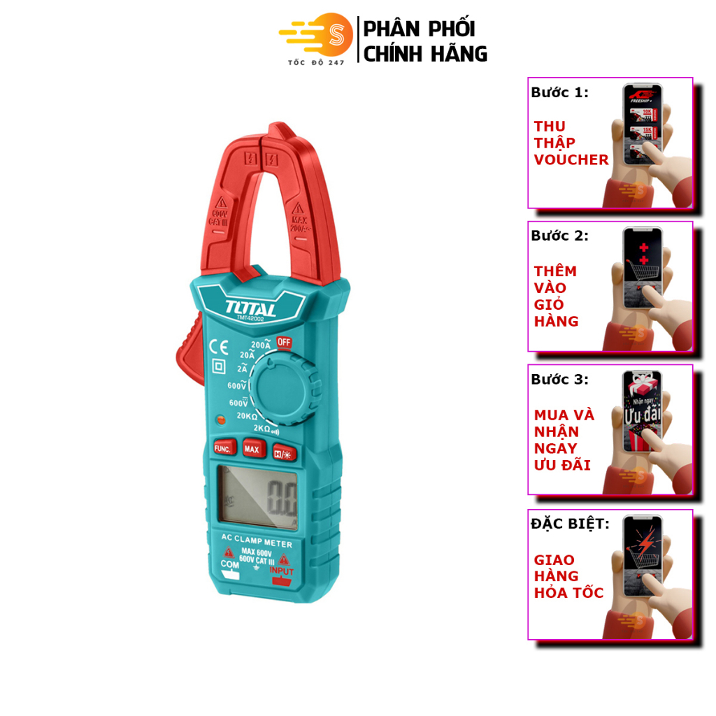 Đồng hồ kềm đo điện ampe AC kỹ thuật số TOTAL TMT42002 - độ chính xác ...