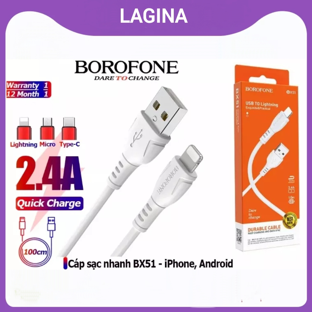 Dây cáp sạc nhanh 2.4A BOROFONE BX51 IP/MICRO/TYPEC chống rối dây dài 1m- Chính hãng | Shopee ...