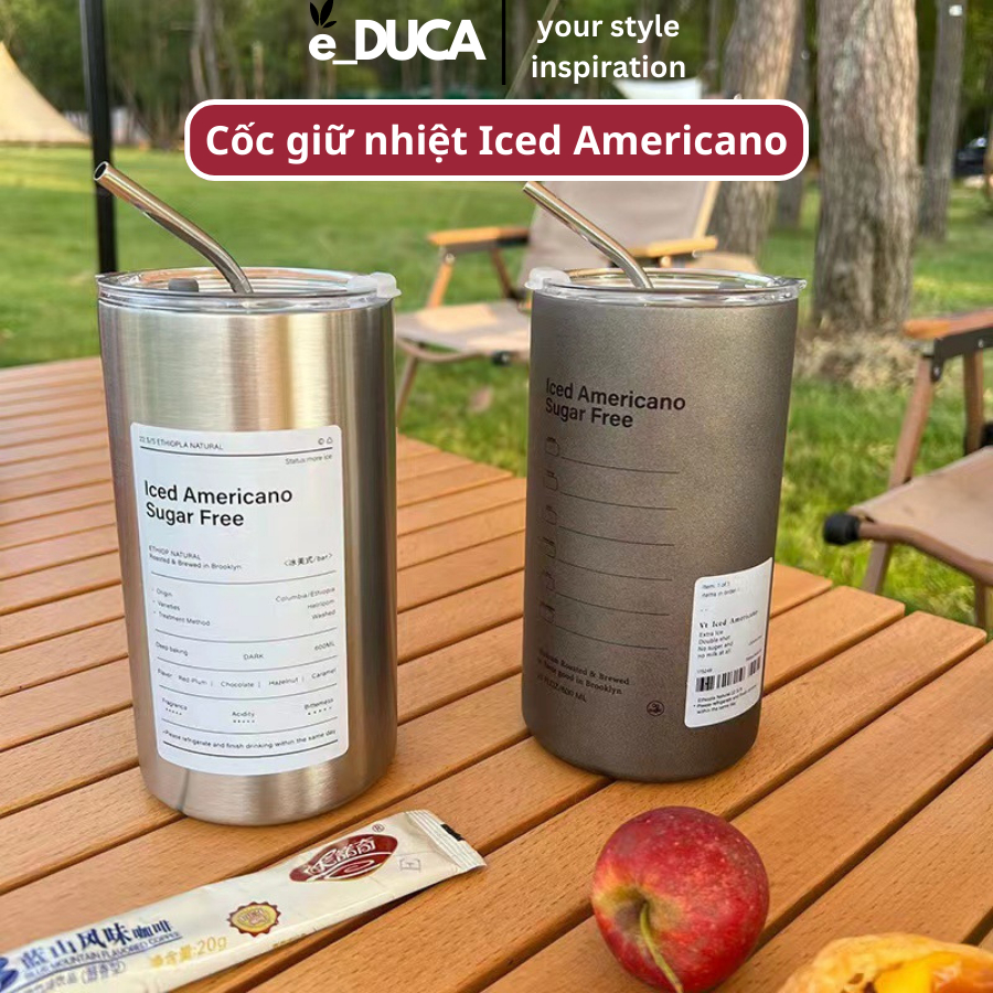 (Kèm Ống Hút) Ly Giữ Nhiệt Iced Americano Inox 304 Cao Cấp Không Gỉ, Cốc Uống Nước Giữ Nhiệt Có ...
