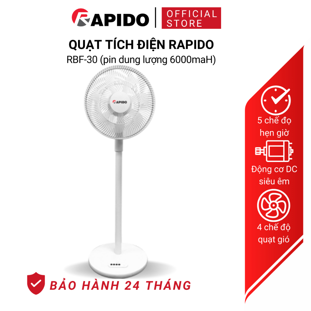 Quạt tích điện Rapido RBF-30 chính hãng, cao cấp, bảo hành 2 năm | Shopee Việt Nam