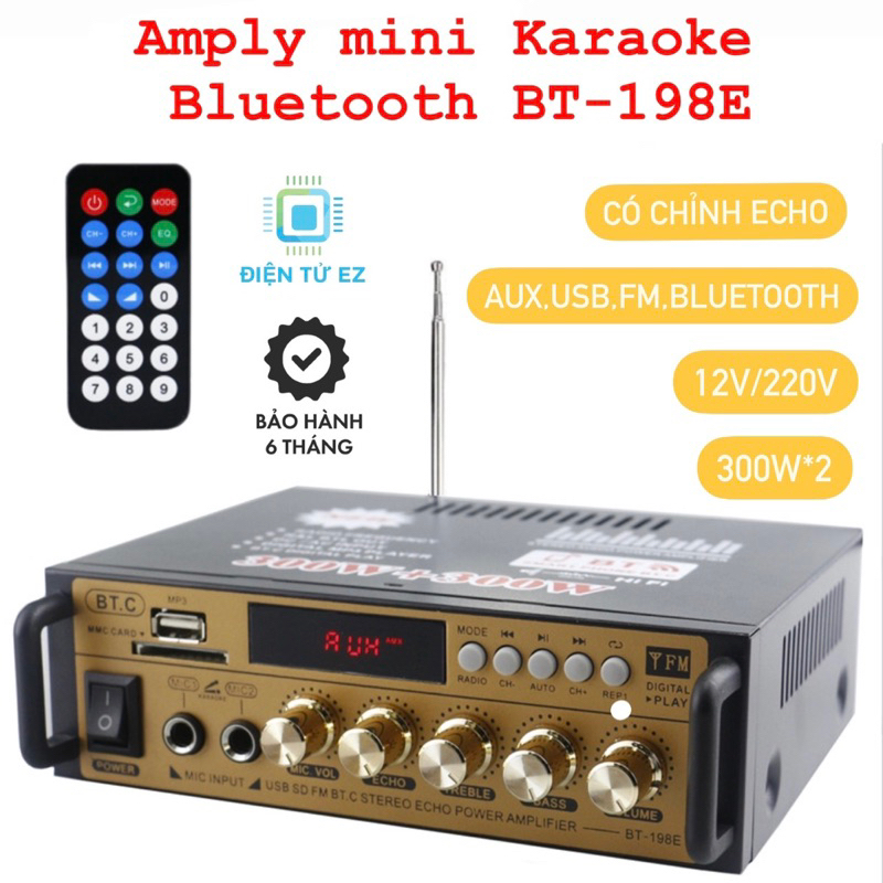 Amply mini BT-198E hát Karaoke Bluetooth có chỉnh echo, 12V/220V ...