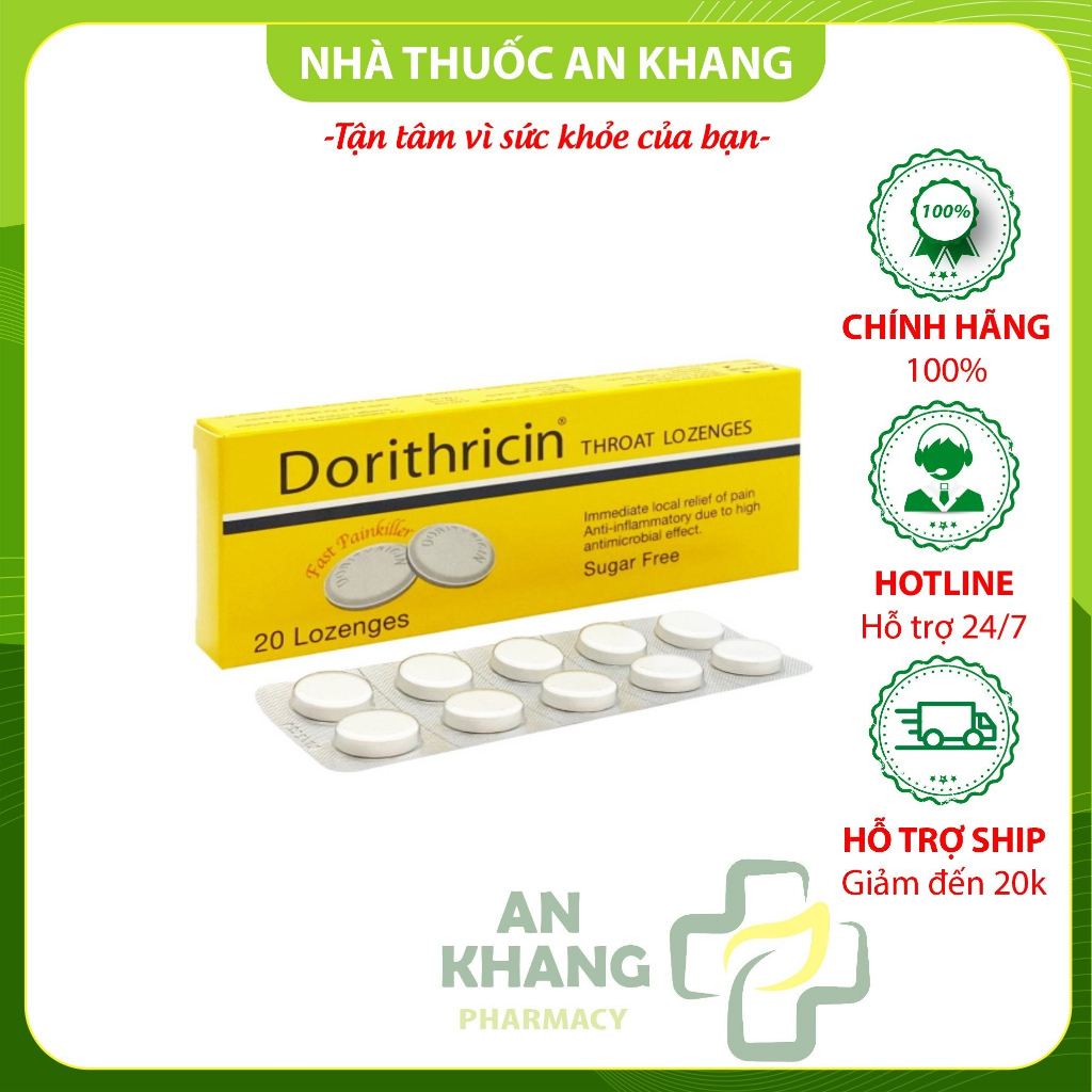 Viên ngậm Dorithricin hộp 20 viên - giúp giảm đau rát họng ,viêm họng ...