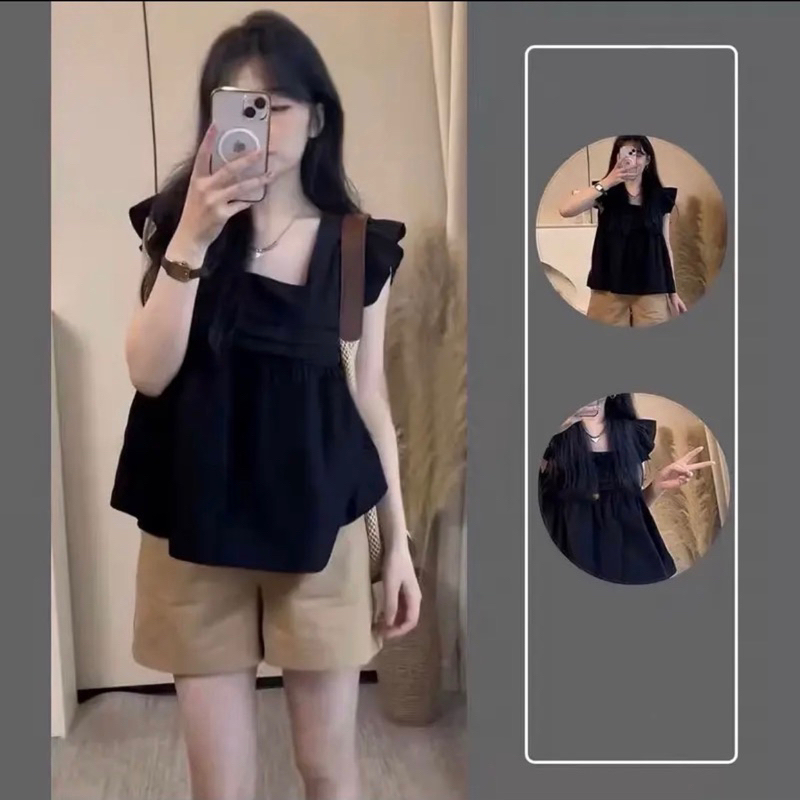 Set Áo 2 dây dáng Babydoll bản to Cổ Vuông Hàn Quốc hàng Loại 1, Dáng Vintage, Basic, Freesize ...