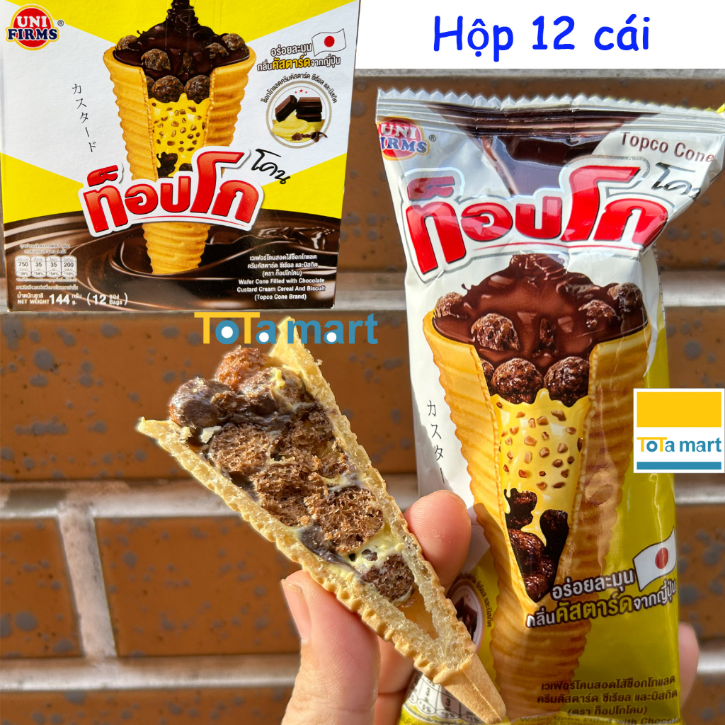 (hsd 09/2024) (hộp 12 cái) Bánh ốc quế TOPCO Unifirms Thái Lan nhân bánh socola, kem trứng ...