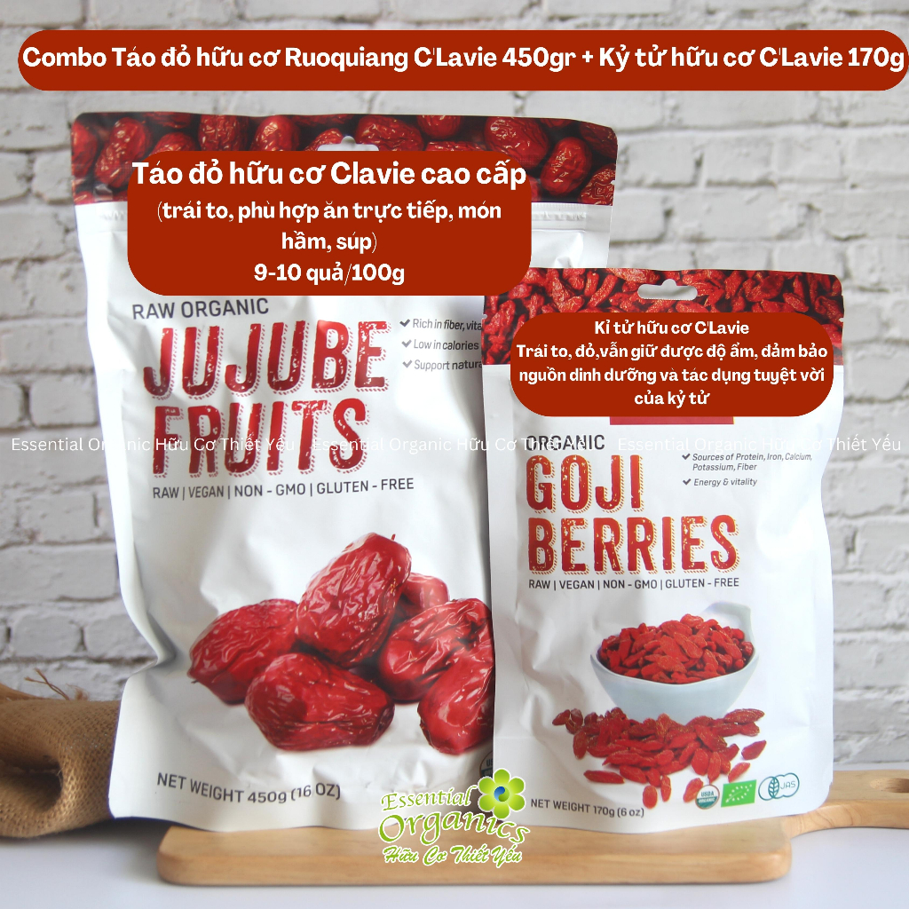 Combo táo đỏ kỷ tử hữu cơ CAO CẤP trái to (Organics Jujube Fruit 450g ...