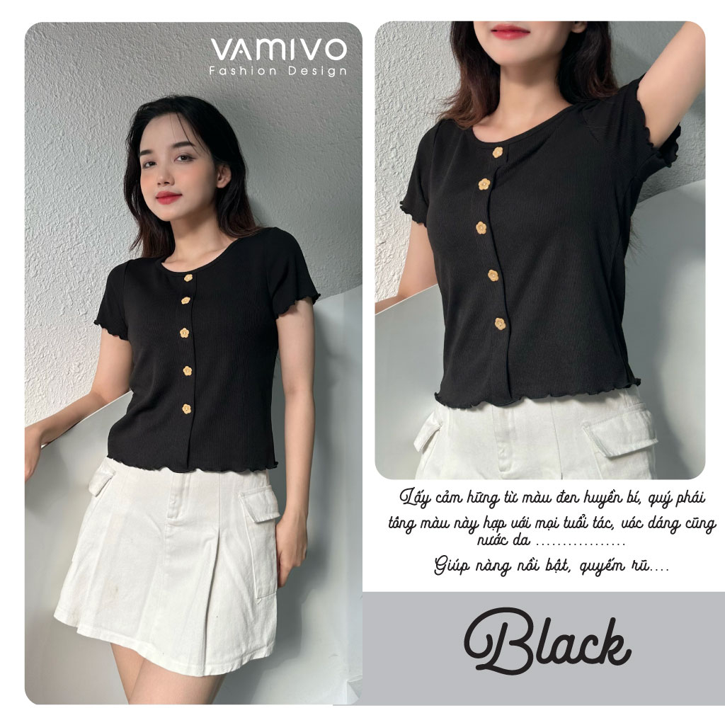 Áo thun kiểu nữ ATK02, áo thun trơn nữ viền bèo khuy hoa chất tăm Hàn thương hiệu Vamivo, may kỹ ...