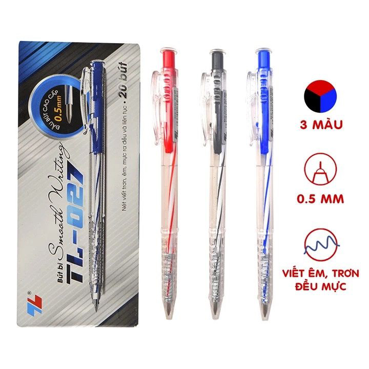 Hộp 20 cây bút viết bi bấm mực khô Thiên Long TL-027 / TL027 ngòi 0.5mm ...