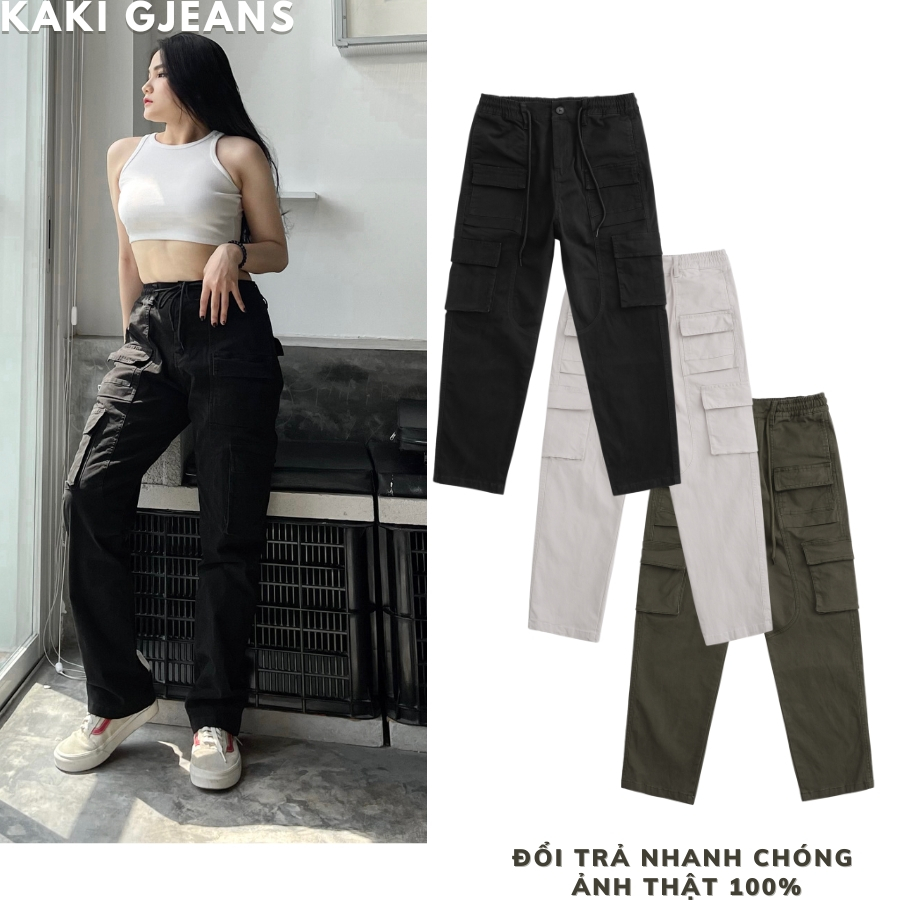 Quần kaki túi hộp nữ lưng thun có dây rút GJEANS, quần cargo pants chất ...