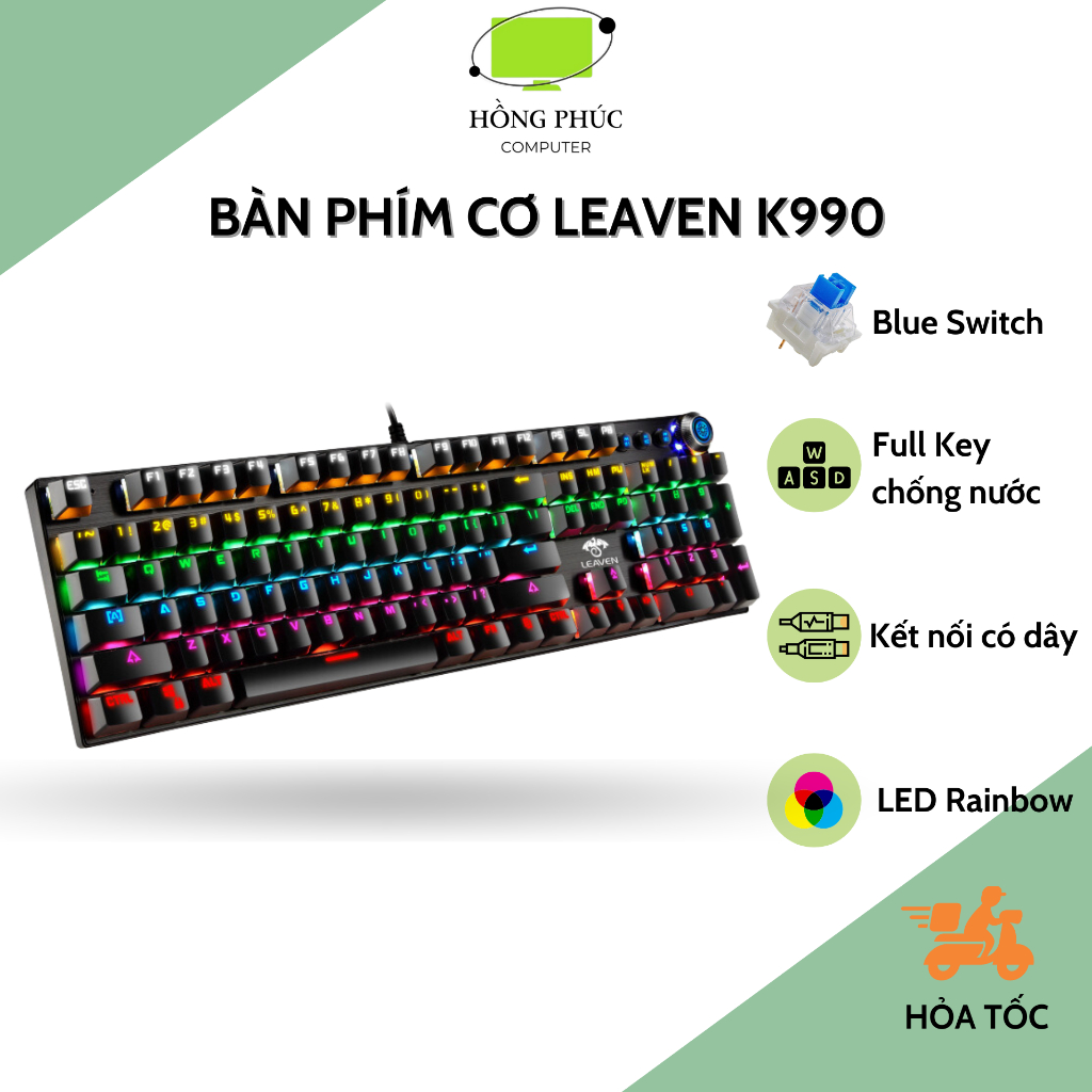 Bàn phím cơ Gaming Leaven K990 - 9 chế độ LED RGB Rainbow - Blue Switch - Full Phím - Chống Nước ...