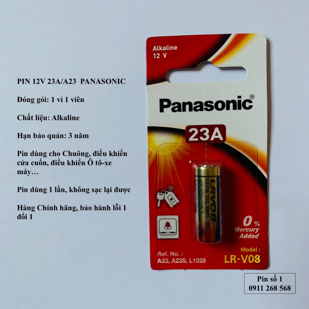 Vỉ 1 viên pin 12V 23A/ A23 Panasonic LR-V08 dùng cho chuông, điều khiển ...