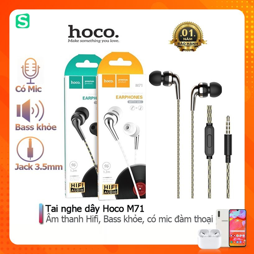 Tai nghe nhét tai Hoco M71 nghe hay có mic đàm thoại, dây chống rối dài ...