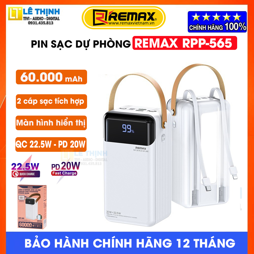 Pin sạc dự phòng Remax RPP-565, Dung lượng 60.000 mAH, sạc nhanh Quick charge 22.5W - sạc nhanh ...