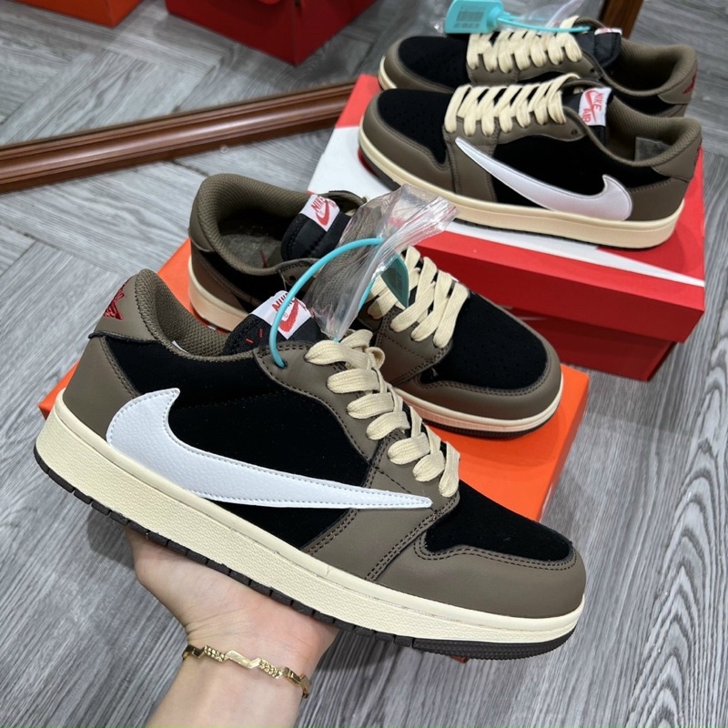 giày Jordan travis scott nâu đen thấp cổ, giày JD 1 travis nâu đế kem ...