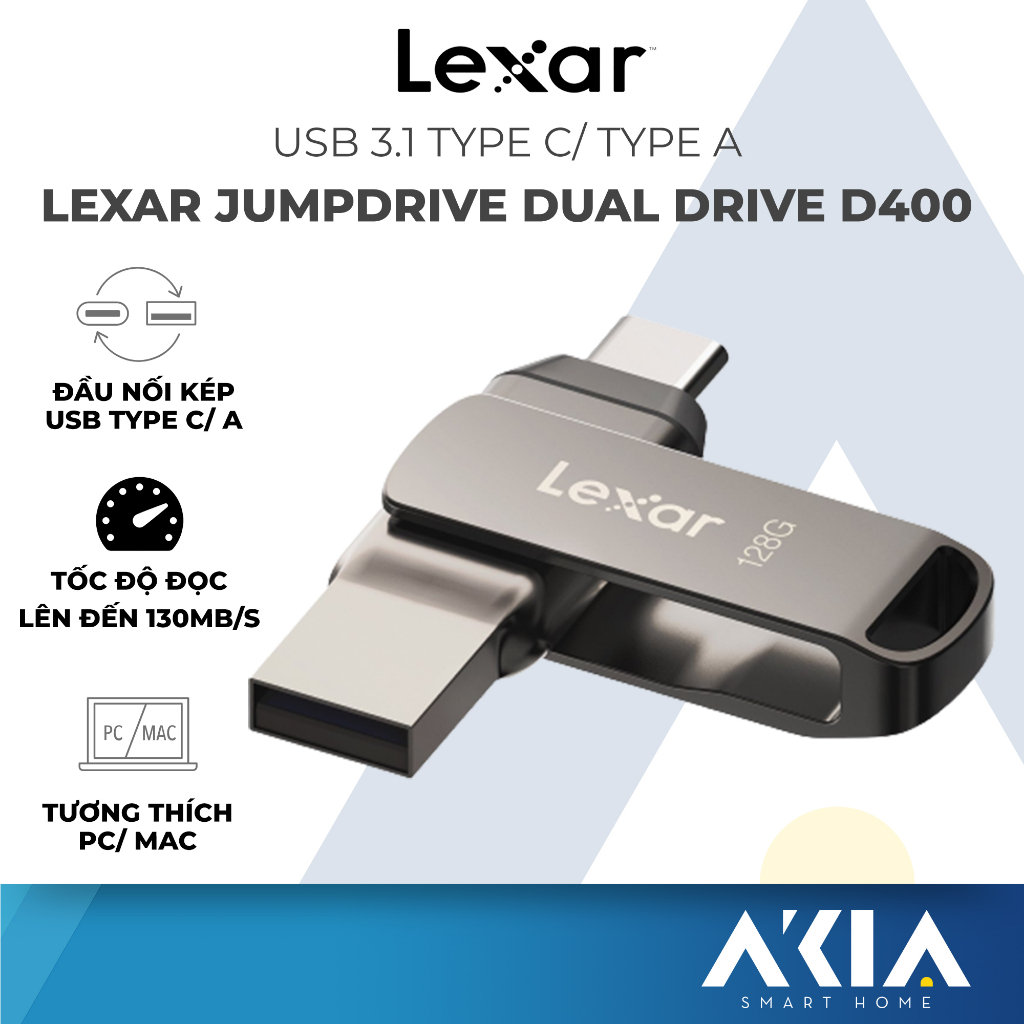 USB 3.1 32GB/ 64GB/ 128GB/ 256GB Lexar JumpDrive Dual Drive D400 Type-C/ Type-A, tốc độ đọc ...